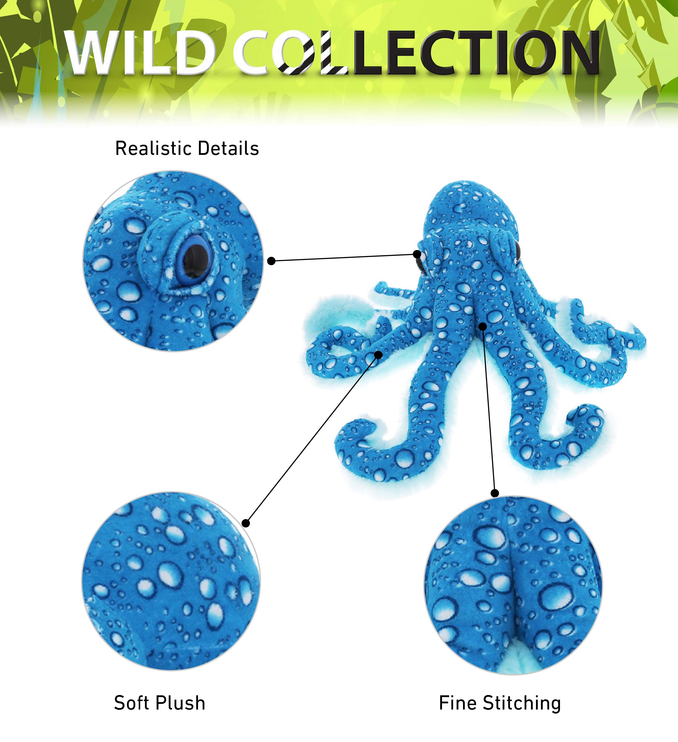 DolliBu Blue Octopus Stuffed Animal - Wild Collection Sea Animal Plush Gift for Kids, Realistic Plush Sea Critters, Cute Stuffed Octopus Sea Creature Toy for Boys and Girls - 16 Inches