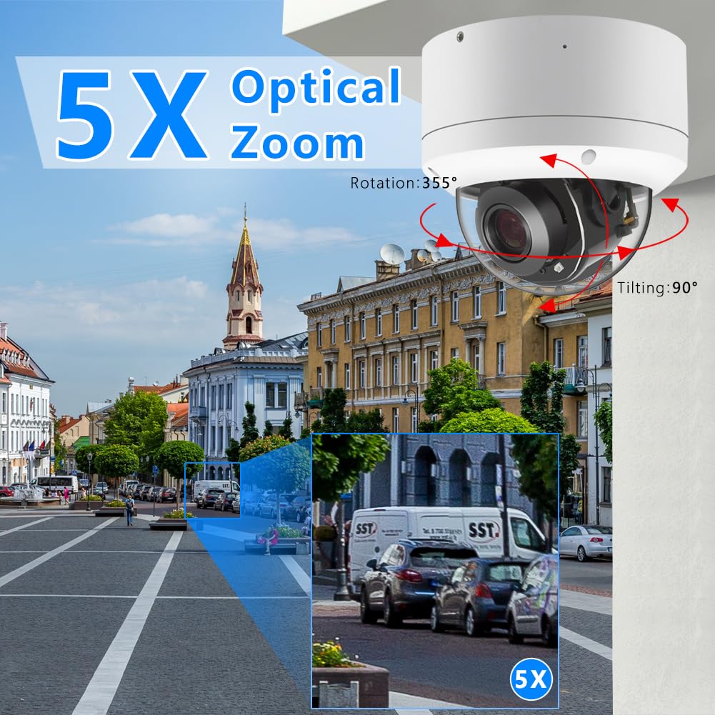 Inwerang Security 5.0MP H.265 POE IP PTZ Camera, 5X 2.7-13.5mm AF Lens, IP66 Waterproof Outdoor/Indoor Vandalproof Network Dome Camera, Audio in, 98ft Night Vision