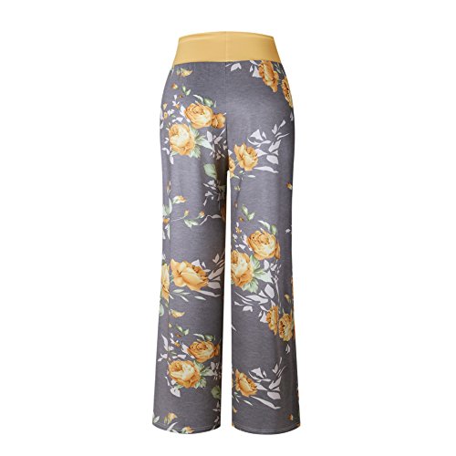 iChunhua Women's Comfy Stretch Floral Print Drawstring Palazzo Wide Leg Lounge Pants(S,Yellow)