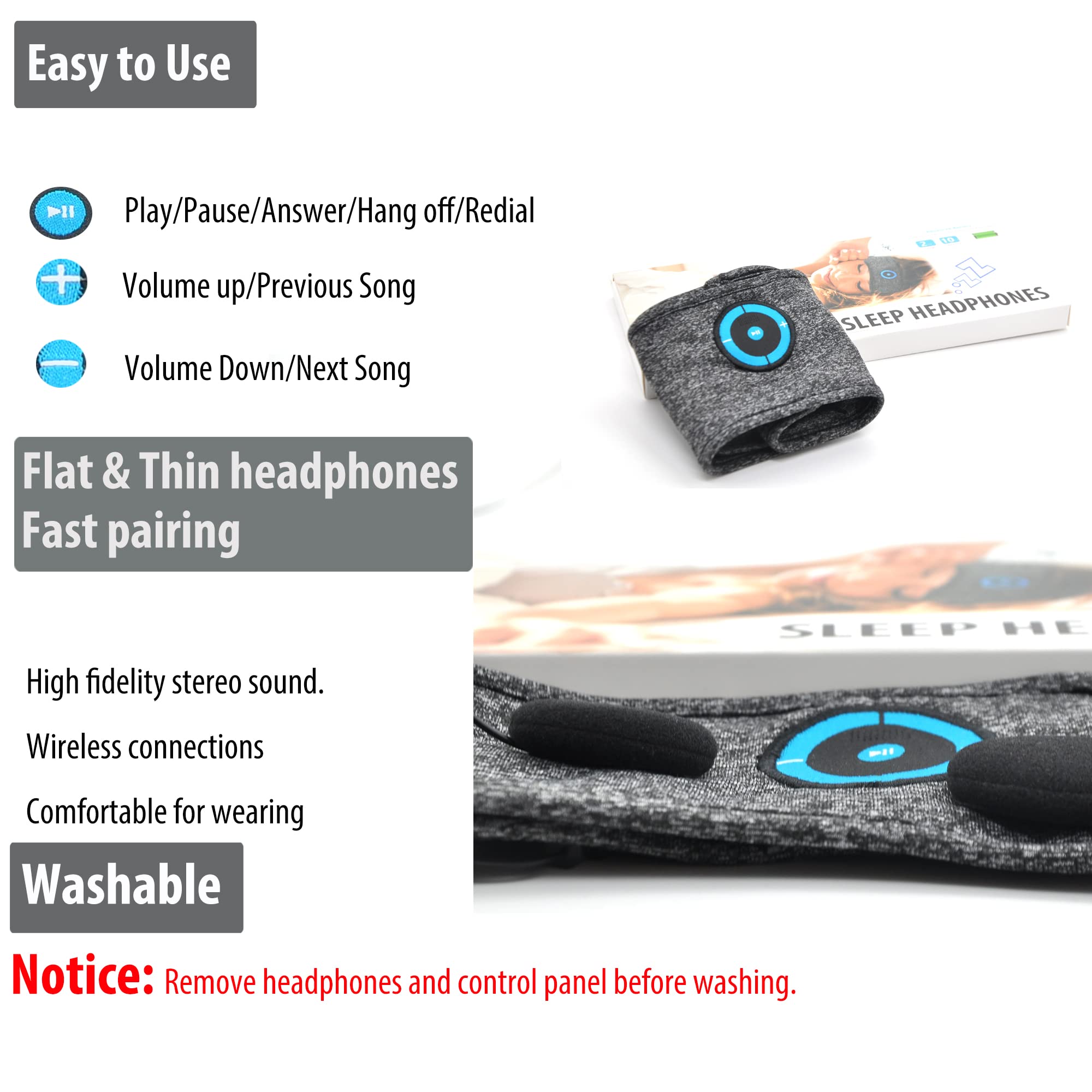DETMOL Wireless Sleeping Bedtime Headband -Build-in Ultra Thin Plat Speakers with HD Stereo Friendly for Side Sleeper,Running, Jogging,Workout,Gift for Men,Women (Medium)
