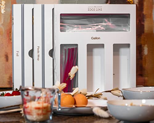 EDGE LINE White Bamboo Ziplock 6 Slot Storage Organizer - Food Storage Bags Organizer with 3 Doors - Kitchen Plastic Bags Storage - Gallon, Quart, Sandwich, Snack, Plastic Wrap, and Aluminum Foil