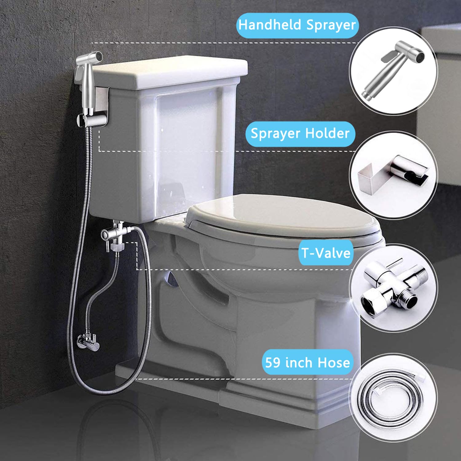 Handheld Bidet Sprayer Kit-Stainless Steel Douche Muslim Shower Spray with Hose Bidet Holder Valve for Toilet Cleaning, Pet Bath, Personal Hygiene (Includes T-Adapter)