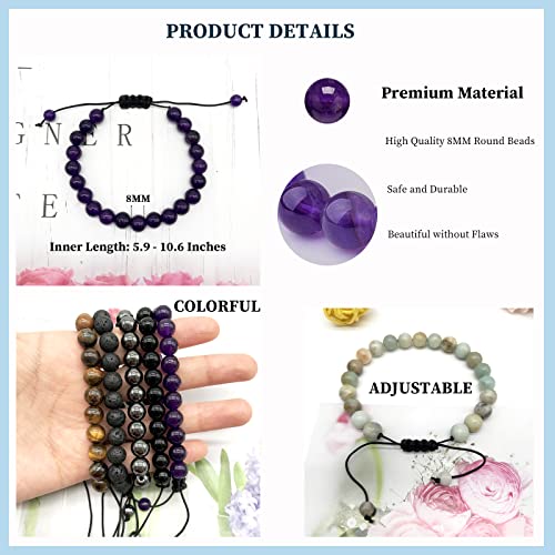 JEWPARK 10 PCS 8mm Semi-Precious Gemstone Bracelet Set Healing Crystal Stone Bracelets for Men Women Round Beaded Adjustable Macrame Bracelets