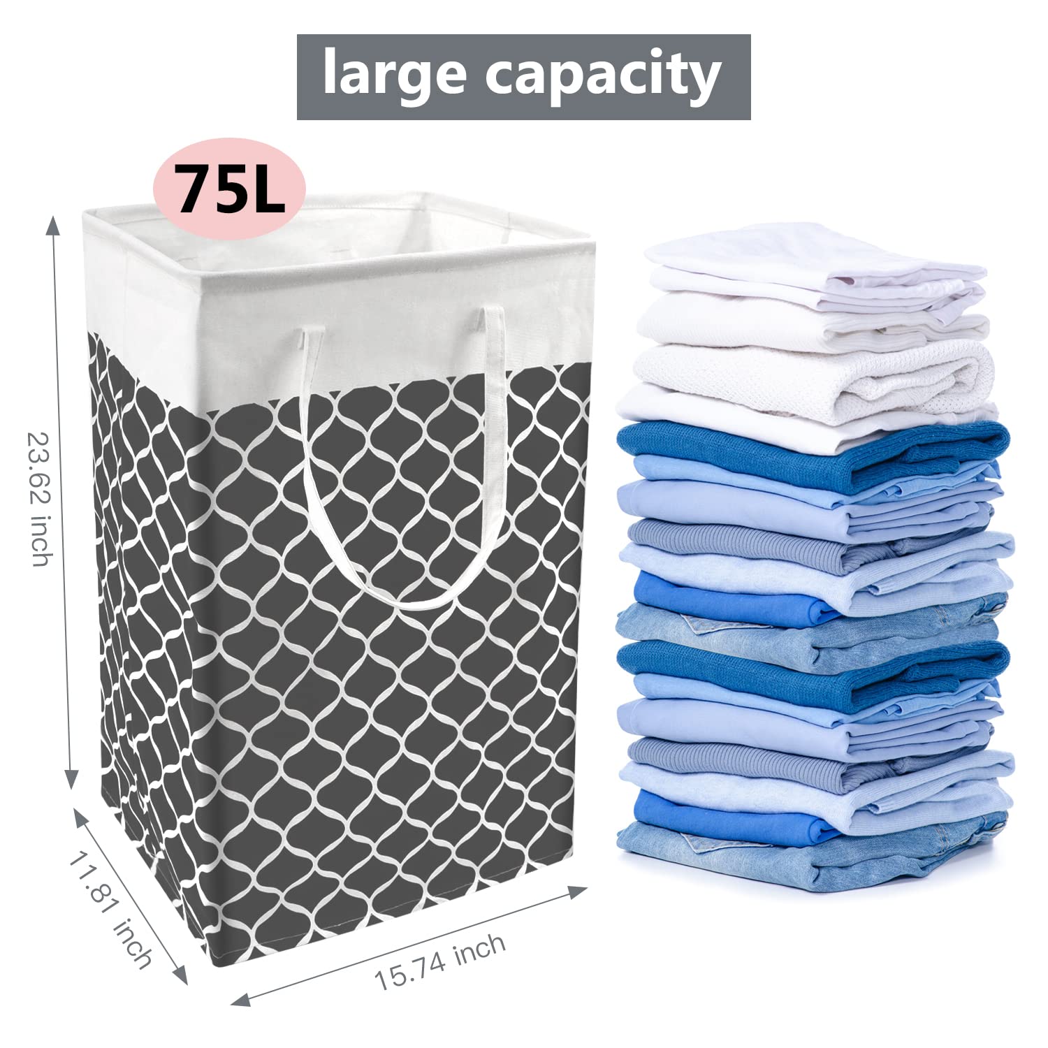 Nancyber 2 Pack Collapsible Laundry Basket, 75L Large Waterproof Laundry Hamper with Handles, Clothes Hampers for Laundry, Dorm, Toys Storage, Foldable Laundry Room Organization (Gray Geometric A)