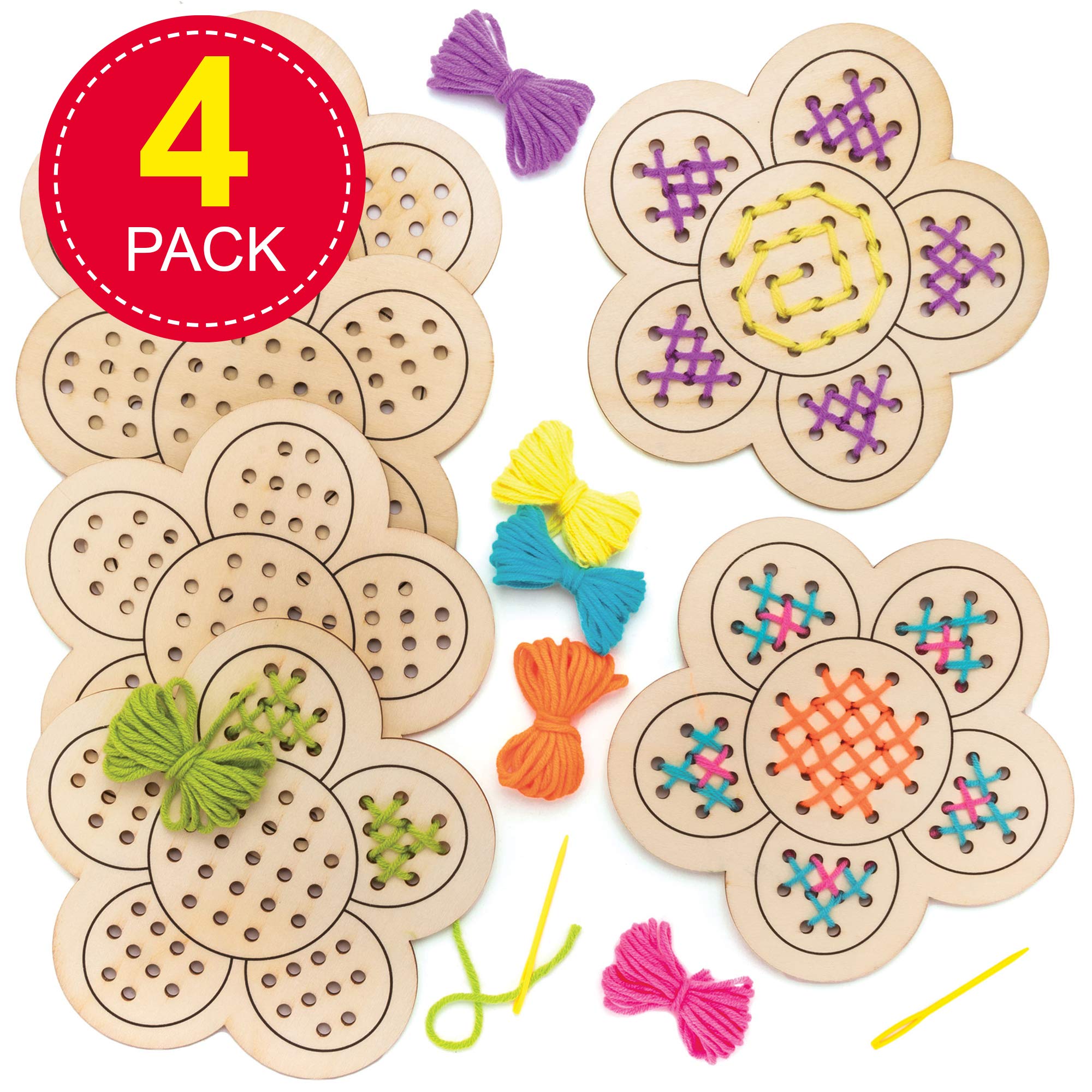 Baker Ross AT378 Flower Wooden Threading Kits, Pack of 4, Wood Template and Bright Colored Wool for Children Arts and Craft