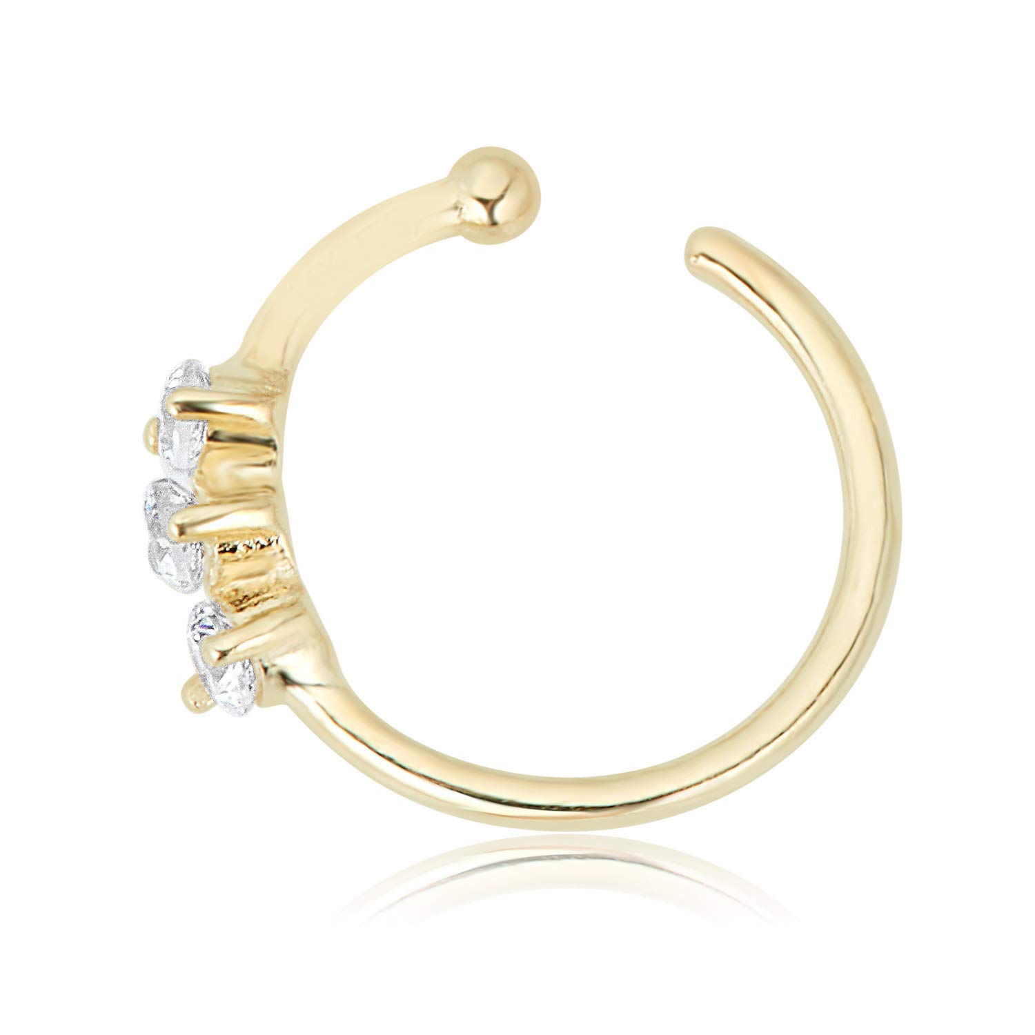 AVORA 14K Yellow Gold Three-Stone Simulated Diamond CZ Nose Ring Hoop (20 Gauge) - 5/16"