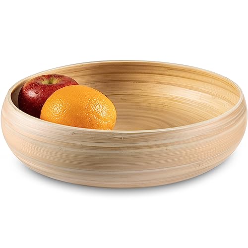 LEXA Bamboo Fruit Bowl for Kitchen Counter, 12 Inch Large & Round, Artisan Lacquered Wooden Fruit Bowl or Candy Bowl, Handcrafted Bamboo Fruit Basket for Kitchen & Home Decor (Bamboo Color)