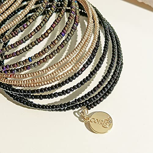 Coiris Multilayer Seed Beads Stretch Bracelets Tiny Beaded Stackable Strand Bangle for Women Girls(BR-1211-Black Gold Ancient Brown)