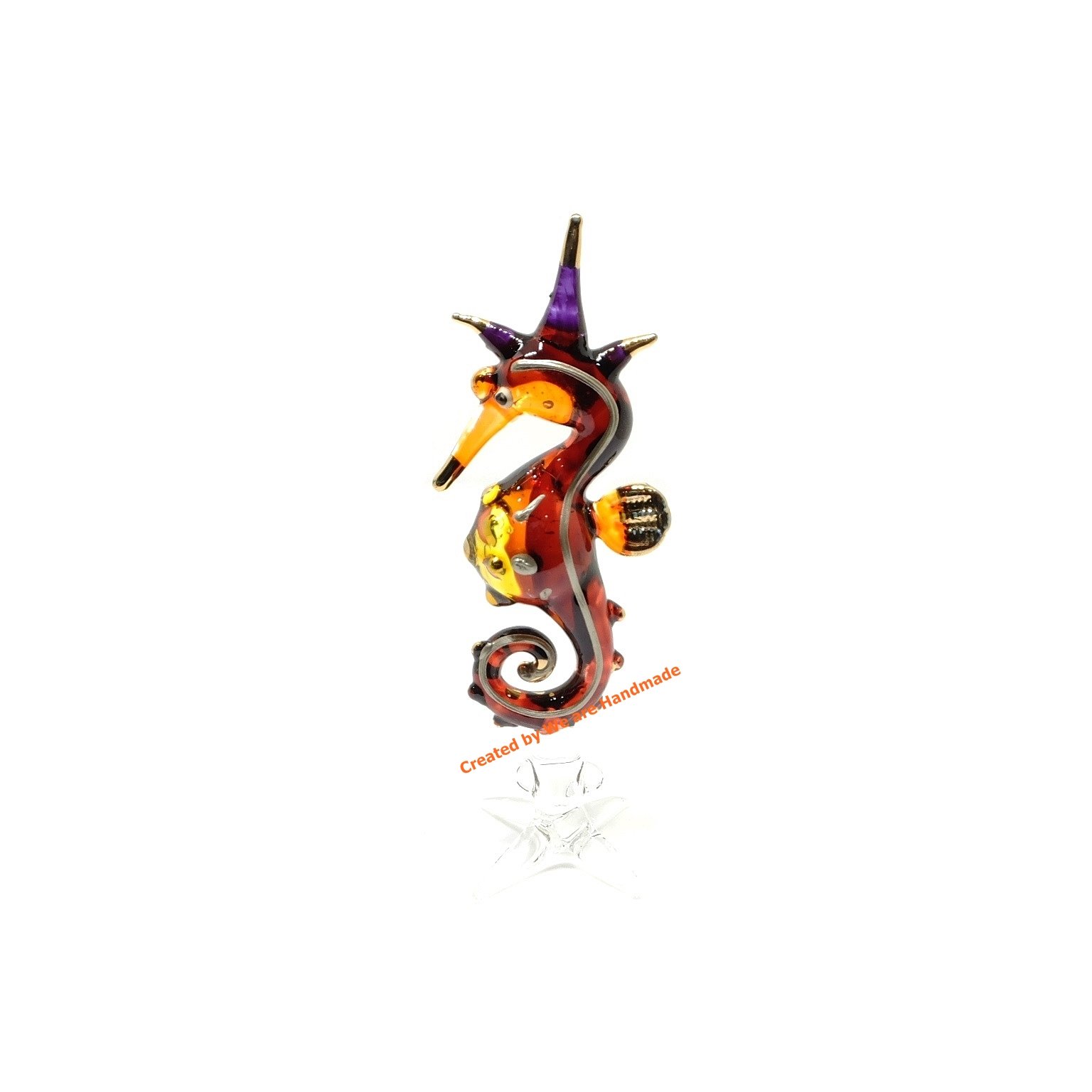Handmade Mini 3" Blown Glass Seahorse Figurine Figure Art, Miniature Dollhouse, Gift Ideas, Collectible Ocean Animals, Tiny Ornament, Cool Stuff Decor (Brown and Orange No.2)