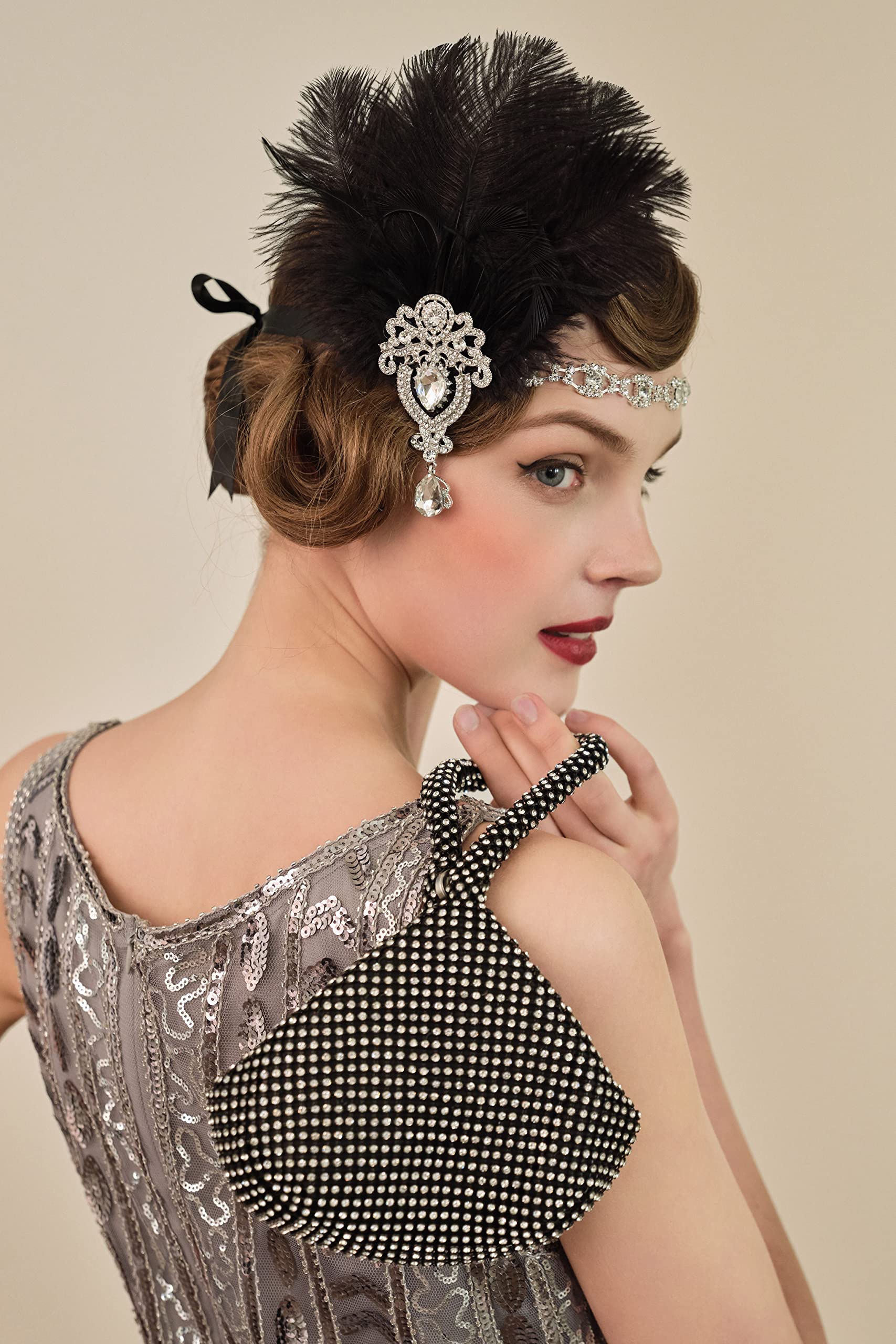 BABEYOND Women's Ostrish Feather Crystal Headband Feather Headband Flapper Headpiece 1920s