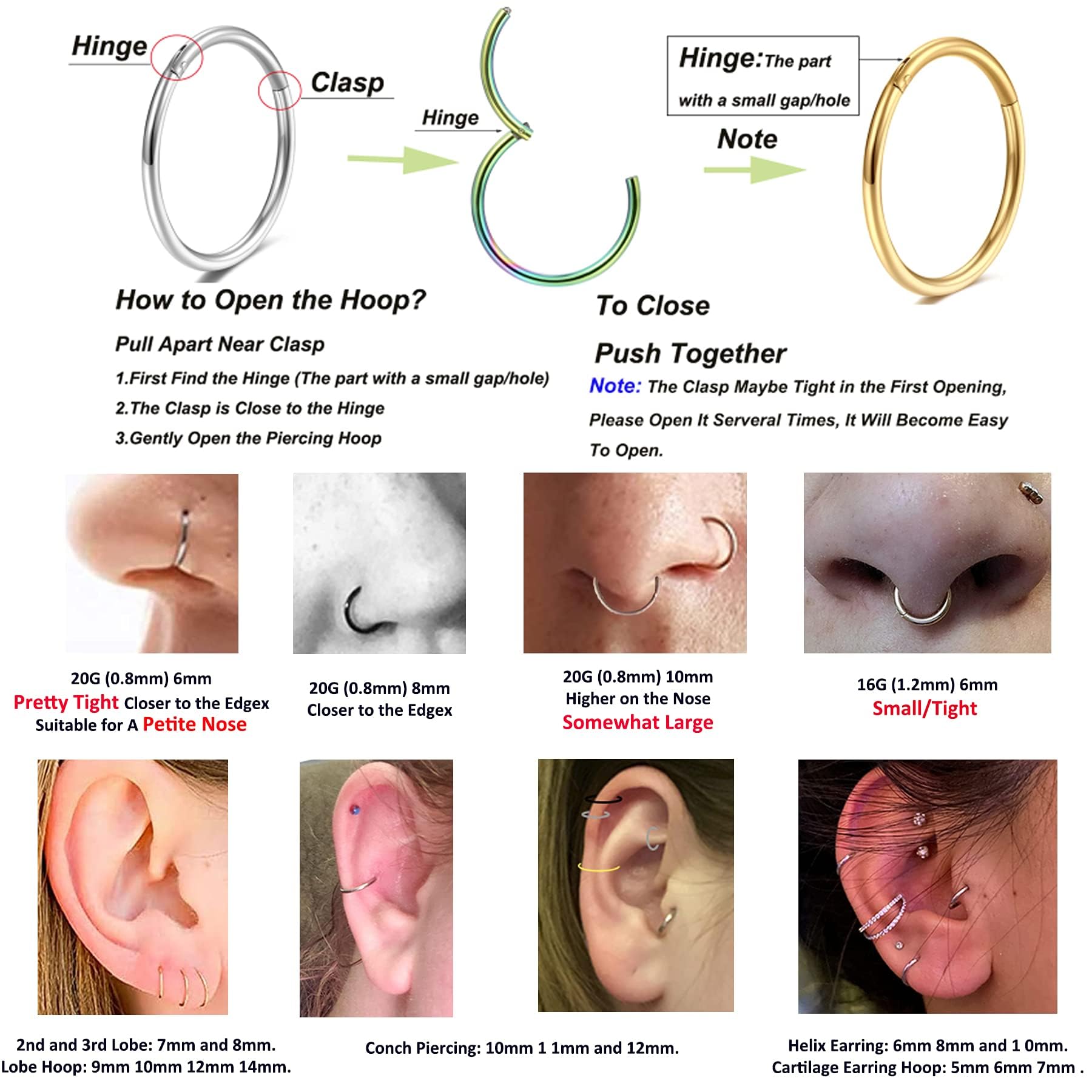 Lantine Hinged 20g Cartilage Earring Hoop Nose Rings 6mm 8mm 10mm Set Clicker Triple Double Forward Helix Hoops Earrings(3Pcs a Set)