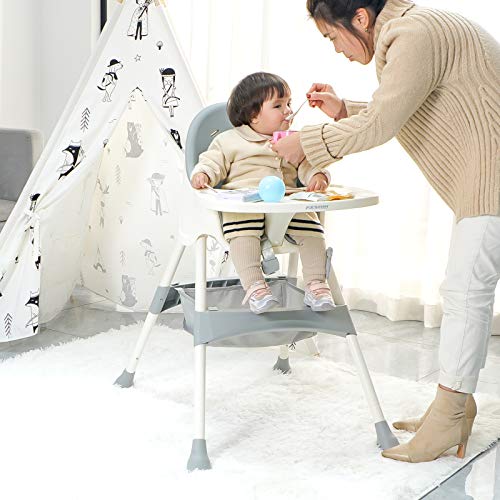 KESAIH High Chair, Height Adjustable High Chairs for Babies and Toddler with Easy-Clean Pu Cushion, Removable Tray, Adjustable Feet, 5 Point Safety Harness, Modern Toddler High Chair (Grey)1