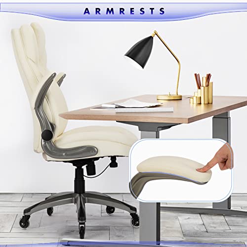 COLAMY 6686 High Back Executive Ergonomic Computer Desk Padded Flip-up Arms, Thick Bonded Soft Leather, Modern Office Chair with Upgraded Casters for Swivel Rolling (Ivory, 300lbs)