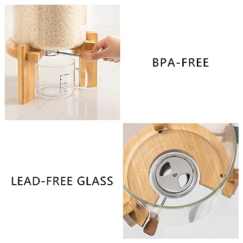 HBlife Glass Rice Dispenser with Wooden Stand Flour and Cereal Container with Glass Measuring Cup Pantry Food Organization Storage Bin with Airtight Bamboo Lid, 8L