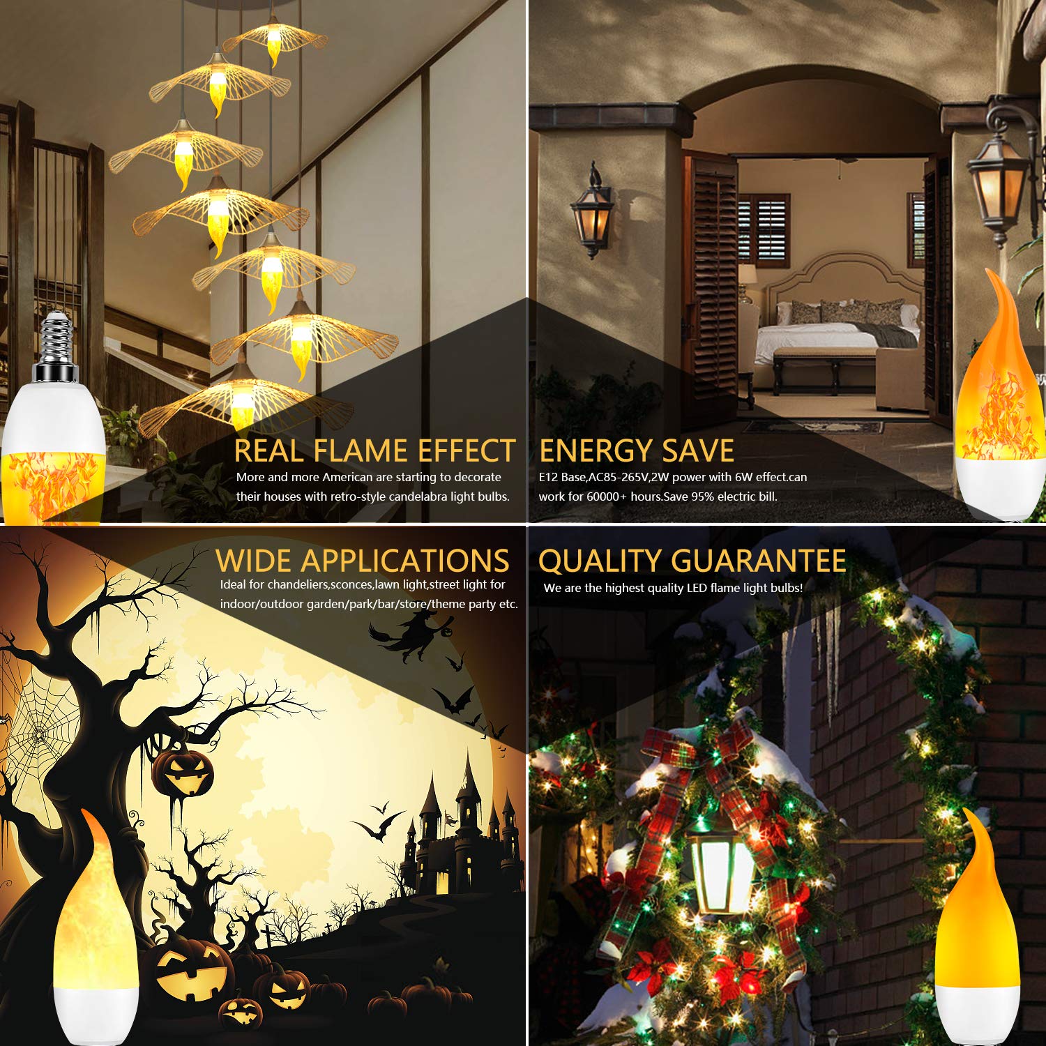 Artistic Home Xmas Decor Flame Light Bulbs - 2019 Upgrade 4 Modes Flame Effect Light Bulbs - E12 LED Flickering Candelabra Light Bulbs for Xmas/Indoor/Outdoor/Hotel/Party/Bar Decorations(2 Packs)