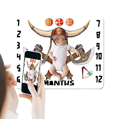 Viking Baby Monthly Milestone Blanket, 48x40in Soft Flannel, Helmet Ax Bone, Newborn Mom Gifts, Baby Shower Age Growth Tracker with Bonus Maker BTXFSS47