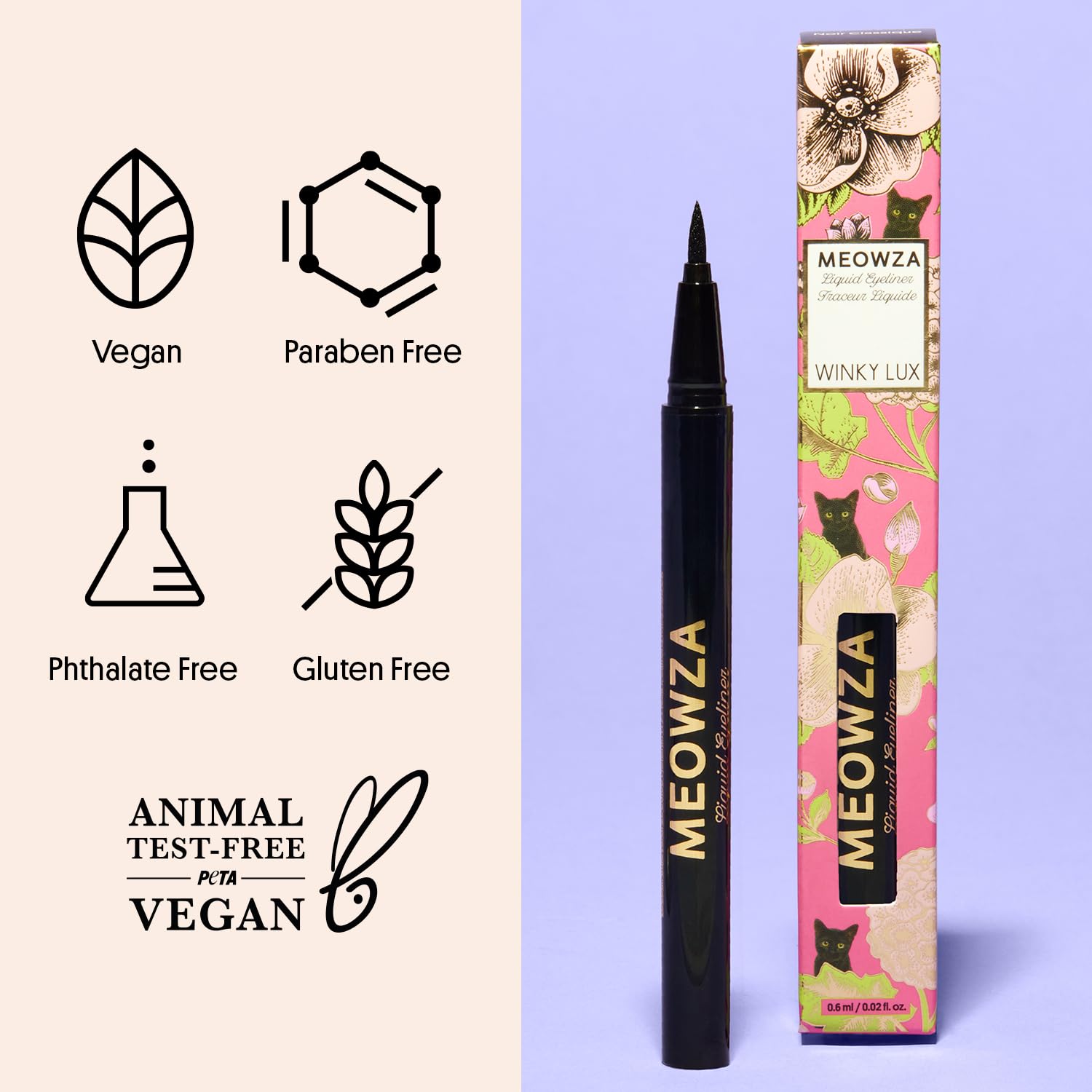 Winky Lux Meowza Liquid Eyeliner - Long-Lasting Black Eyeliner, Eyeliner Liquid Liner Black, 0.16 oz
