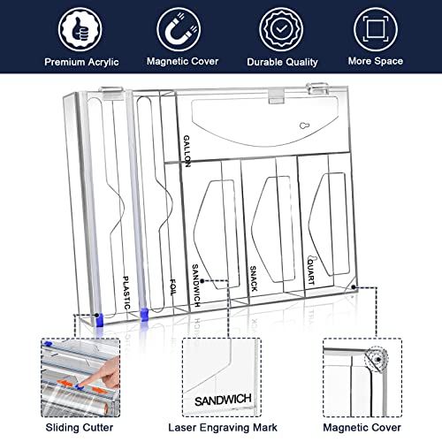 Imboxx 6 in 1 Foil Plastic Wrap Organizer Dispenser with Slide Cutter for Foil Wrap Ziplock Bag Storage Acrylic Organizer for Kitchen Drawer Suitable for Gallon Quart Sandwich Snack