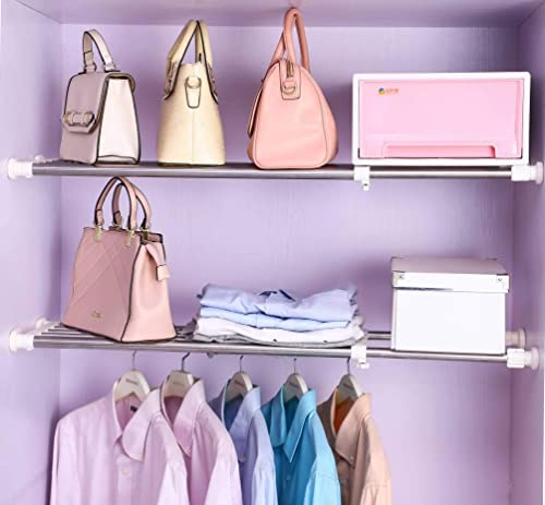 BAOYOUNI Expandable Closet Tension Shelf Rod Organizer Adjustable Storage Rack Heavy Duty Clothes Hanger Metal Space Saving Divider for Bathroom Kitchen Cupboard Wardrobe Bookshelf 32''-46'', Ivory
