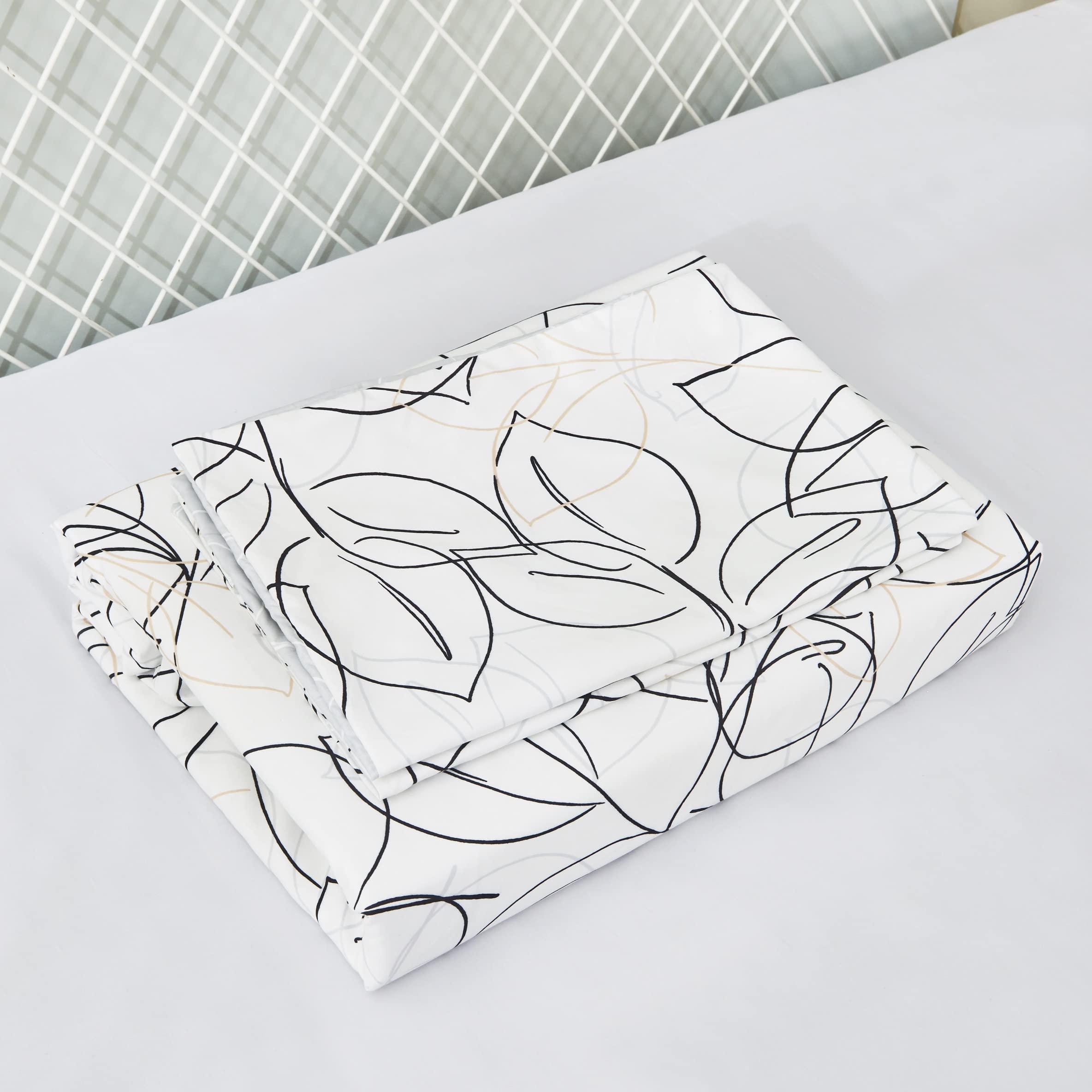 Tache Modern Abstract Floral Leaf Minimalist Line Art White Black Grey Gold Duvet Cover, King