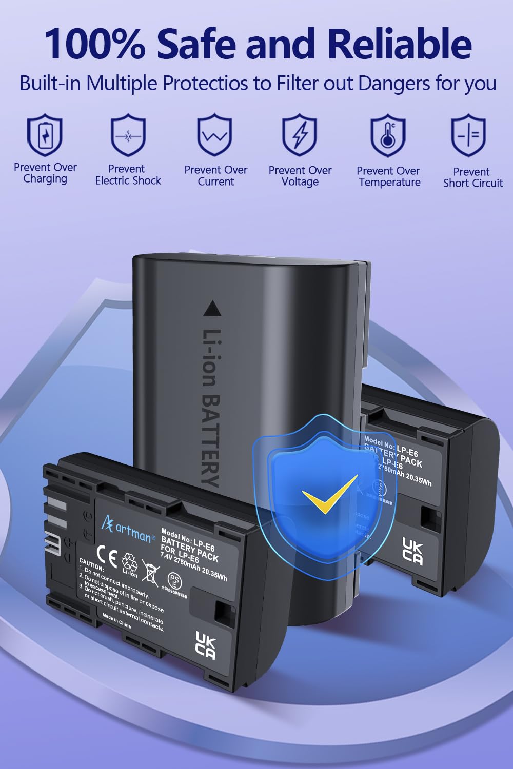 Artman 3-Pack 2750mAh LP-E6 LP-E6N Batteries and 3-Slot LCD Charger Compatible With Canon EOS R6 R5 R 90D 80D 70D 60D 60DA 6D 6D Mark II 5D Mark II/III/IV 5DS 5DS R 7D 7D Mark II XC15 XC10 BMPCC 4K/6K