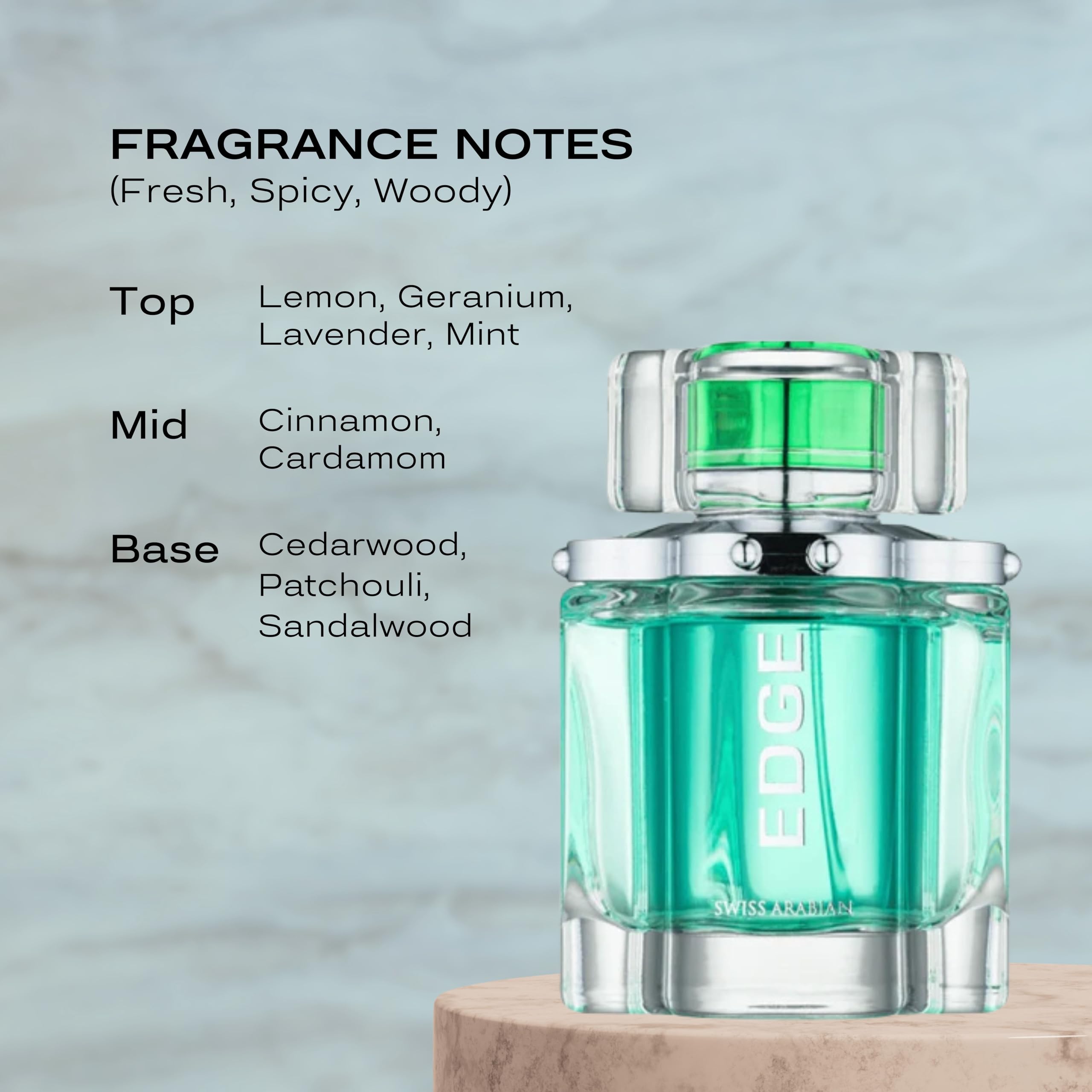 Swiss Arabian EDGE Men, Eau de Parfum 100mL | Clean, Citrusy and Shower Fresh | Lemon, Lavender, Mint, Cinnamon, Cardamom, Cedarwood, Patchouli, Sandalwood | by Oud Perfume Artisan Cologne Spray