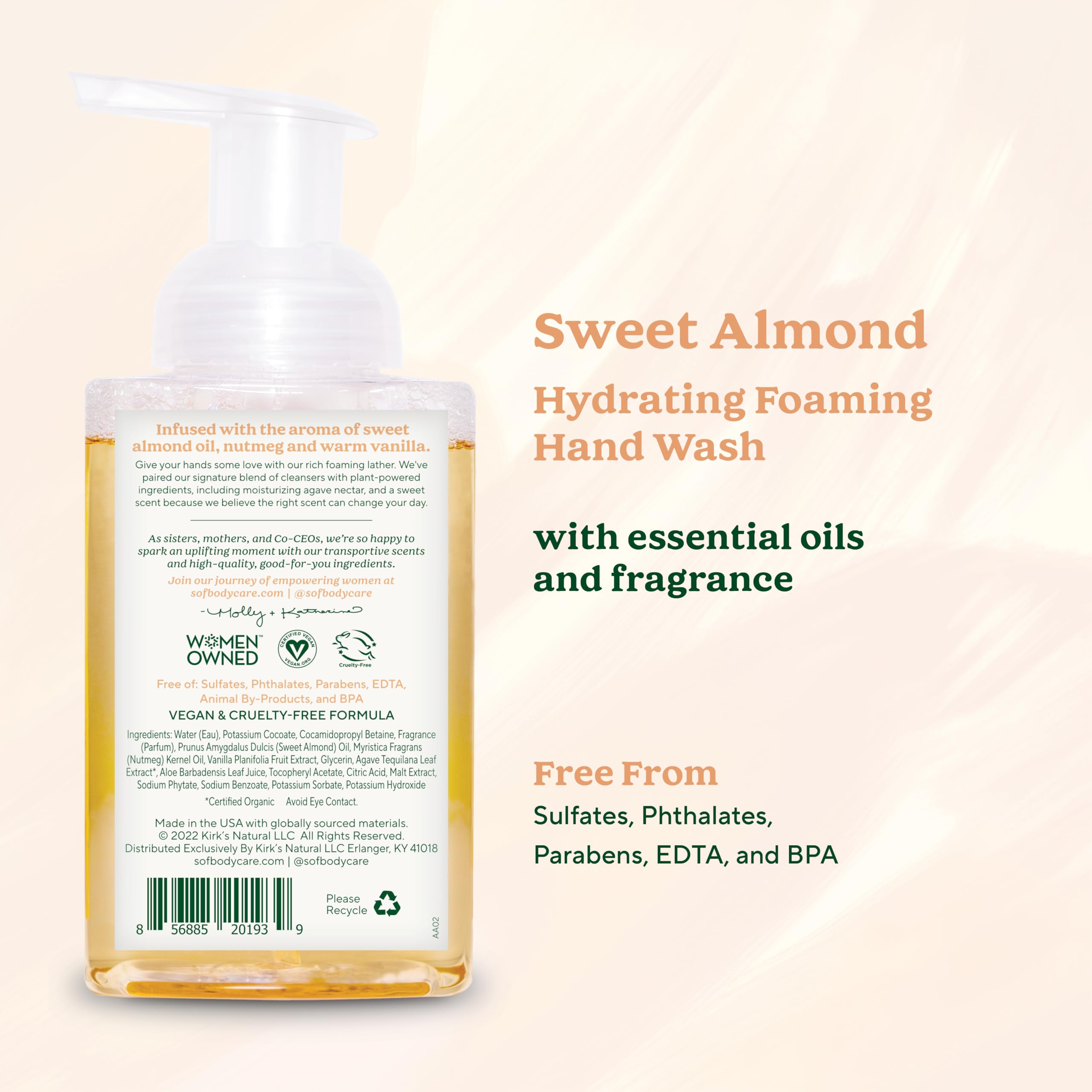 SoF Hydrating Foaming Hand Wash - With Organic Agave Nectar & Coconut Oil- Vegan & Non GMO- Free From Phthalates, Sulfates & Parabens- Sweet Almond - 8 oz Bottle 3 Pack