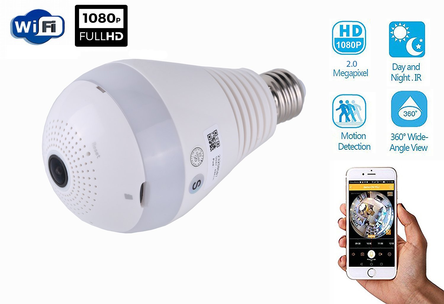 bluedery Light Bulb Camera, 360 Degree Panoramic IP Camera 1080P Fisheye Wireless Security Camera with IR Night Vision, Two-Way Audio, Motion Detection
