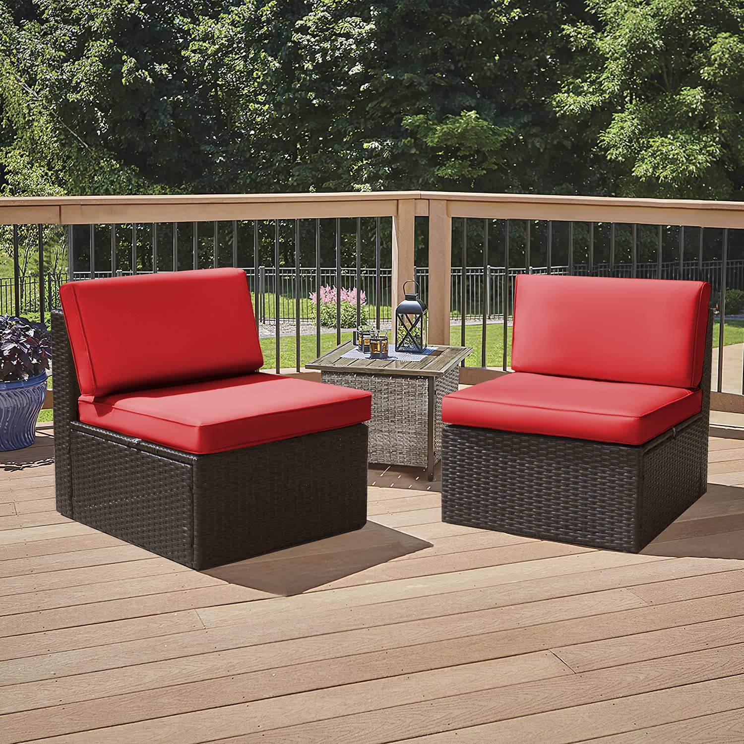 Devoko 2 Pieces Patio Furniture Sets All-Weather Outdoor Sectional Armless Sofa (Red)