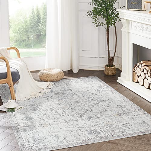 COLLACT Area Rug 5x7 Vintage Rug Indoor Floor Thin Rug Retro Distressed Grey Multi Carpet Farmhouse Floral Print Mat Country Boho Rug Non Slip Bathroom Kitchen Bedroom Living Room Office