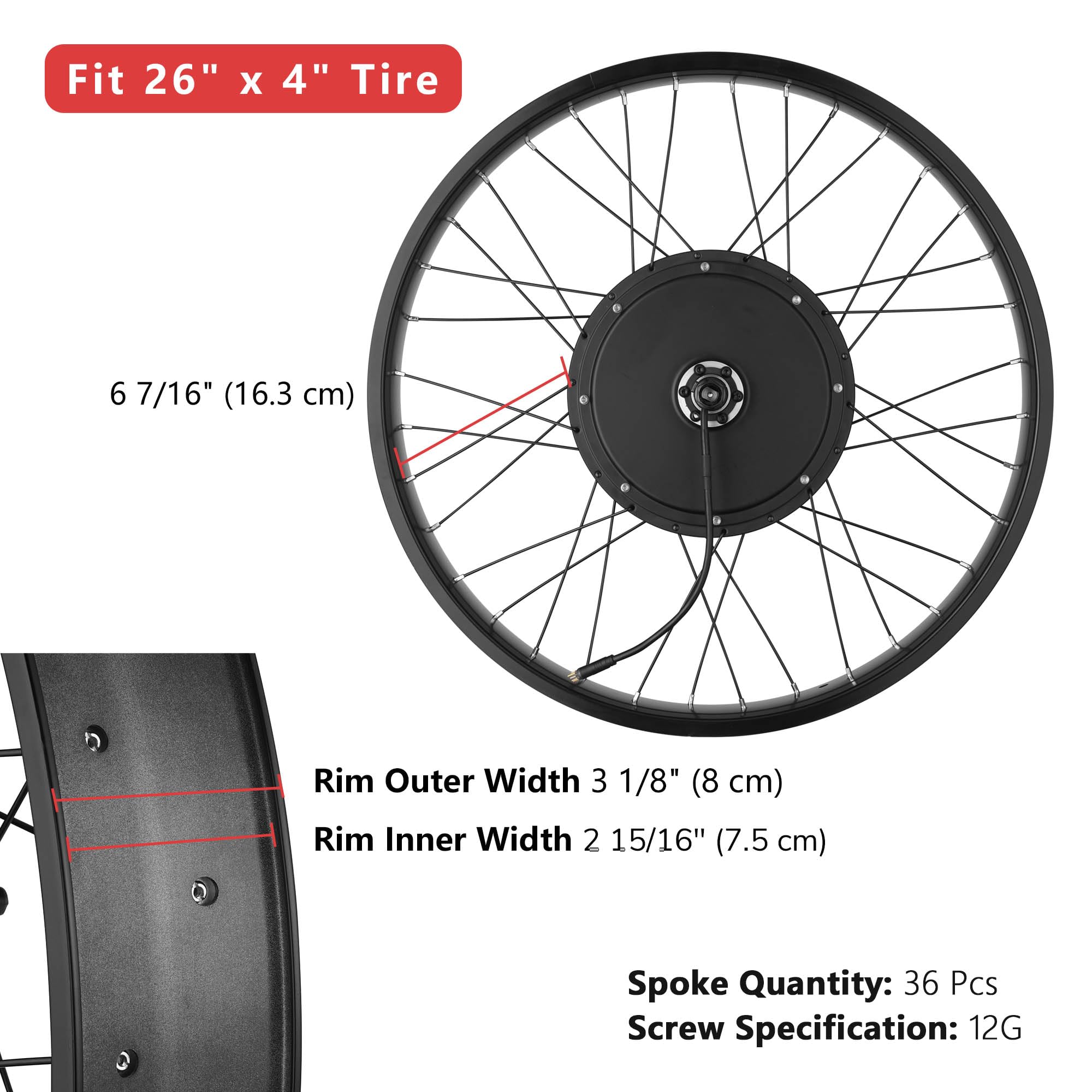 AW Electric Bike Conversion Kit 48V 1000W 26" Front Wheel E-Bike Conversion Kit for Fat Tire Bike Frame Ebike Wheel Kit Cycling Brushless Gearless Hub Motor Kit