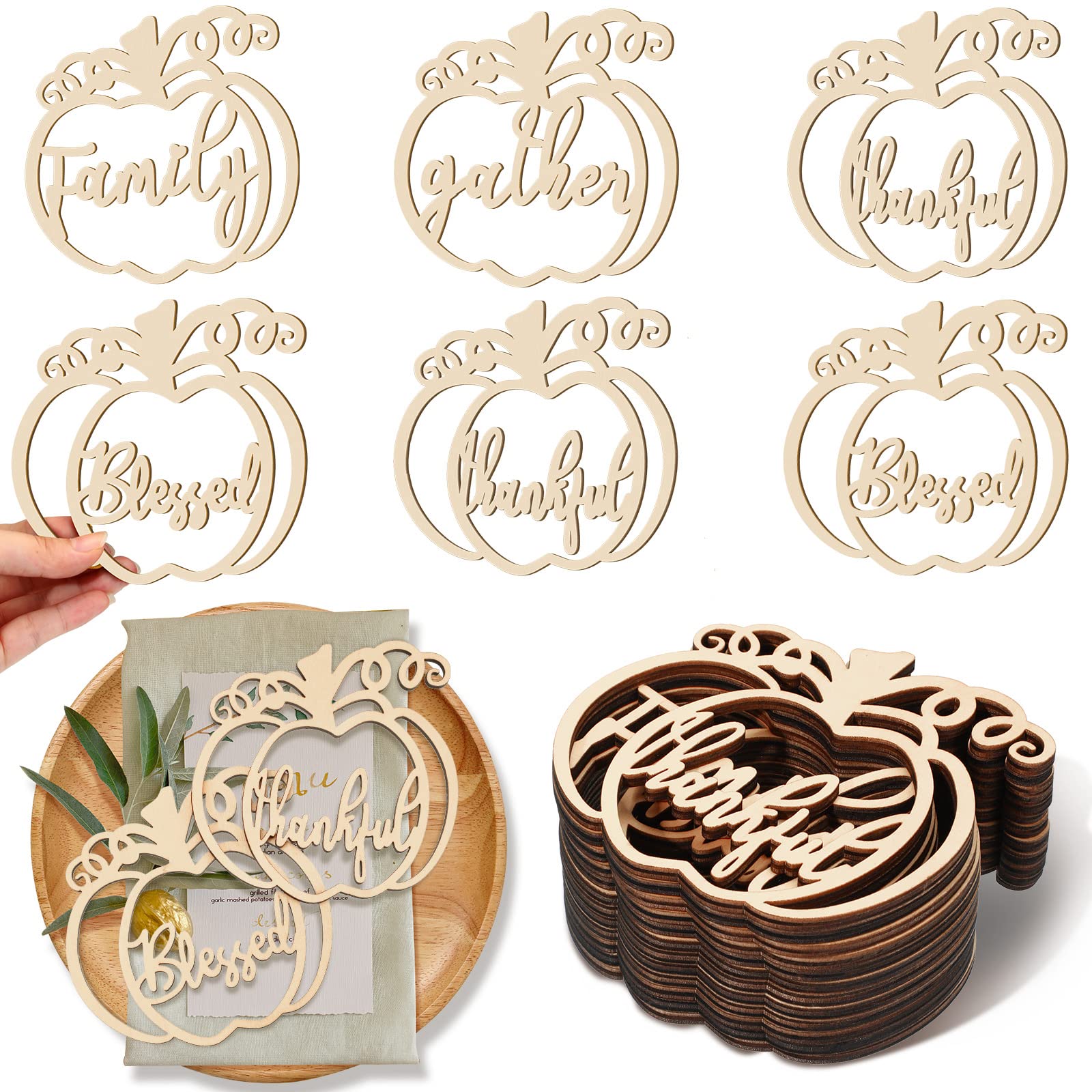 Jetec 20 Pieces Thanksgiving Cutout Letter Sign Pumpkin Dinner Plates Decor Thankful Blessed Grateful Inspirational Letter Cutouts Place Cards Settings for Party Tabletop Plate Decor (Wood Color)