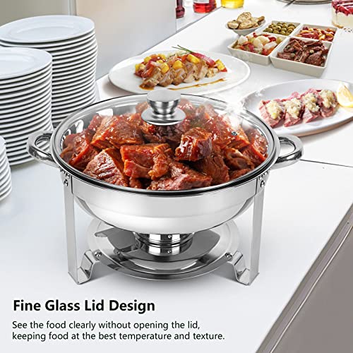 IMACONE Chafing Dish Buffet Set 4 Pack, 5QT Round Stainless Steel Chafer for Catering in Glass Lid, Chafers and Buffet Warmer Sets w/Food & Water Pan, Lid, Frame, Fuel Holder for Event Party Holiday