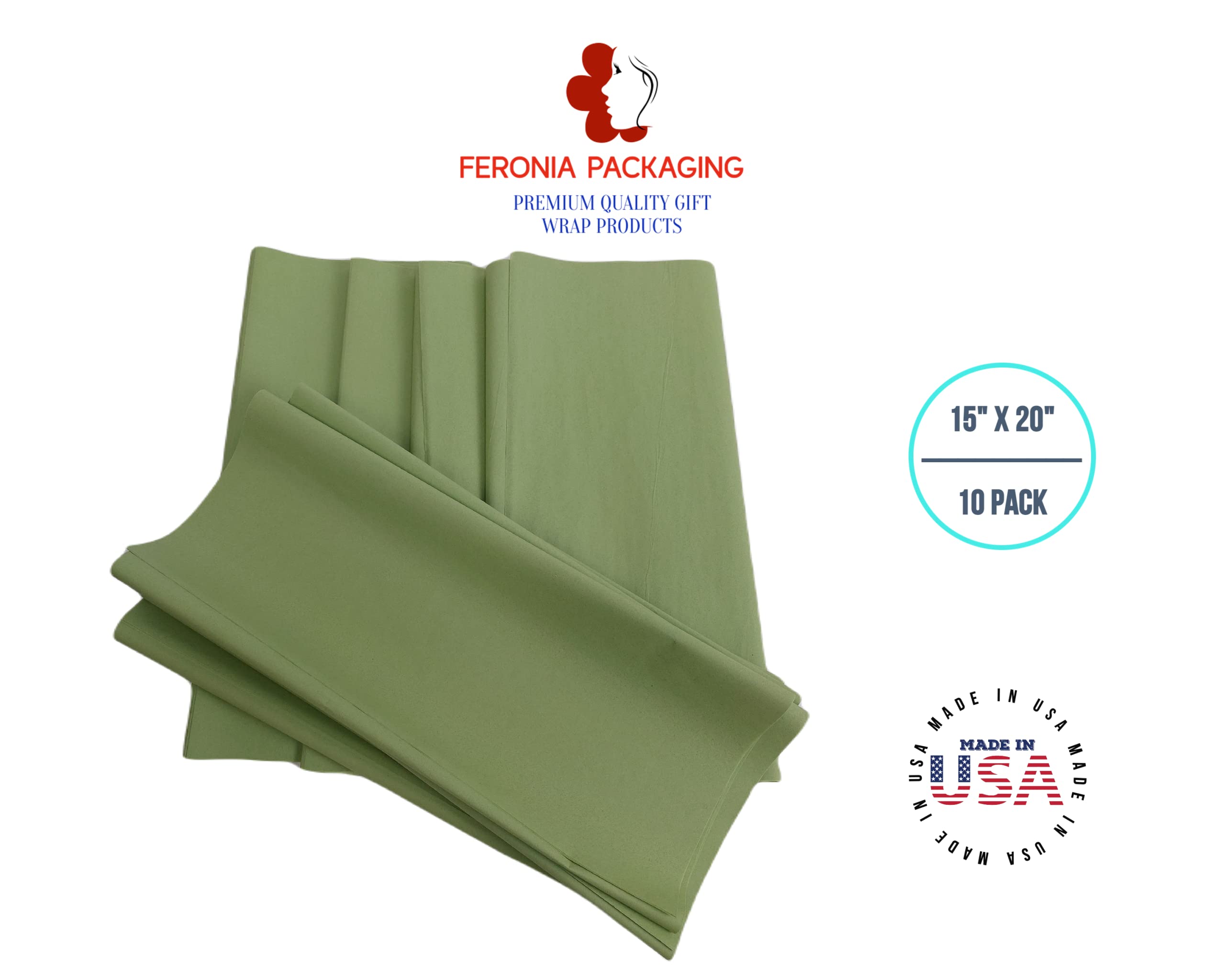 Feronia packaging Sage Tissue Paper Squares, Bulk 10 Sheets, Premium Gift Wrap and Art Supplies for Birthdays, Holidays, or Presents, Large 15 Inch x 20 Inch Made in USA