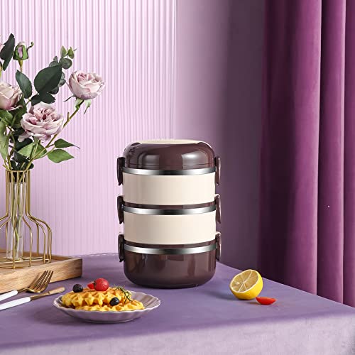 DILUOOU Stackable Lunch Box, 3 Tier Stainless Steel Thermal Lunch Box,Insulated Bento Lunch Box for Adult With Lunch Bag & Utensils (Brown)