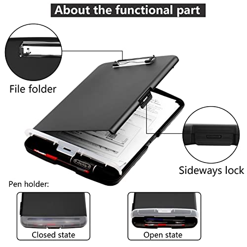 Clipboard with Storage, A4 Binder Clipboards with Pen Holder,Heavy Duty Plastic Storage Clipboard with Low Profile Clip,Nursing Clipboard Folder Side-Opening,Smooth Writing Clip Board for Office-Black