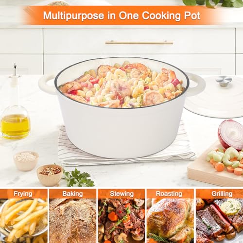 Uniflasy Cast Iron Dutch Oven Pot with Lid, 6 Quart Enameled Cast Iron Dutch Oven with Big Dual Handles, Stock Pot, Bread Oven for Sourdough Bread Baking, Pot Oven for Versatile Cooking, White