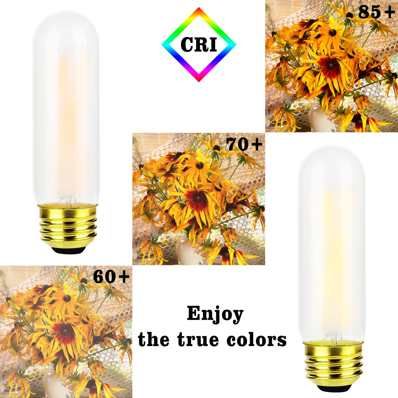 Yaoten T10 Dimmable Led Bulb, Frosted Led Light Bulb, 2W Equal to 25 Watt, 2700K Warm White Tubular Edison Bulb, E26 Base, for Cabinet, Displaying Cabinet, Pack of 3
