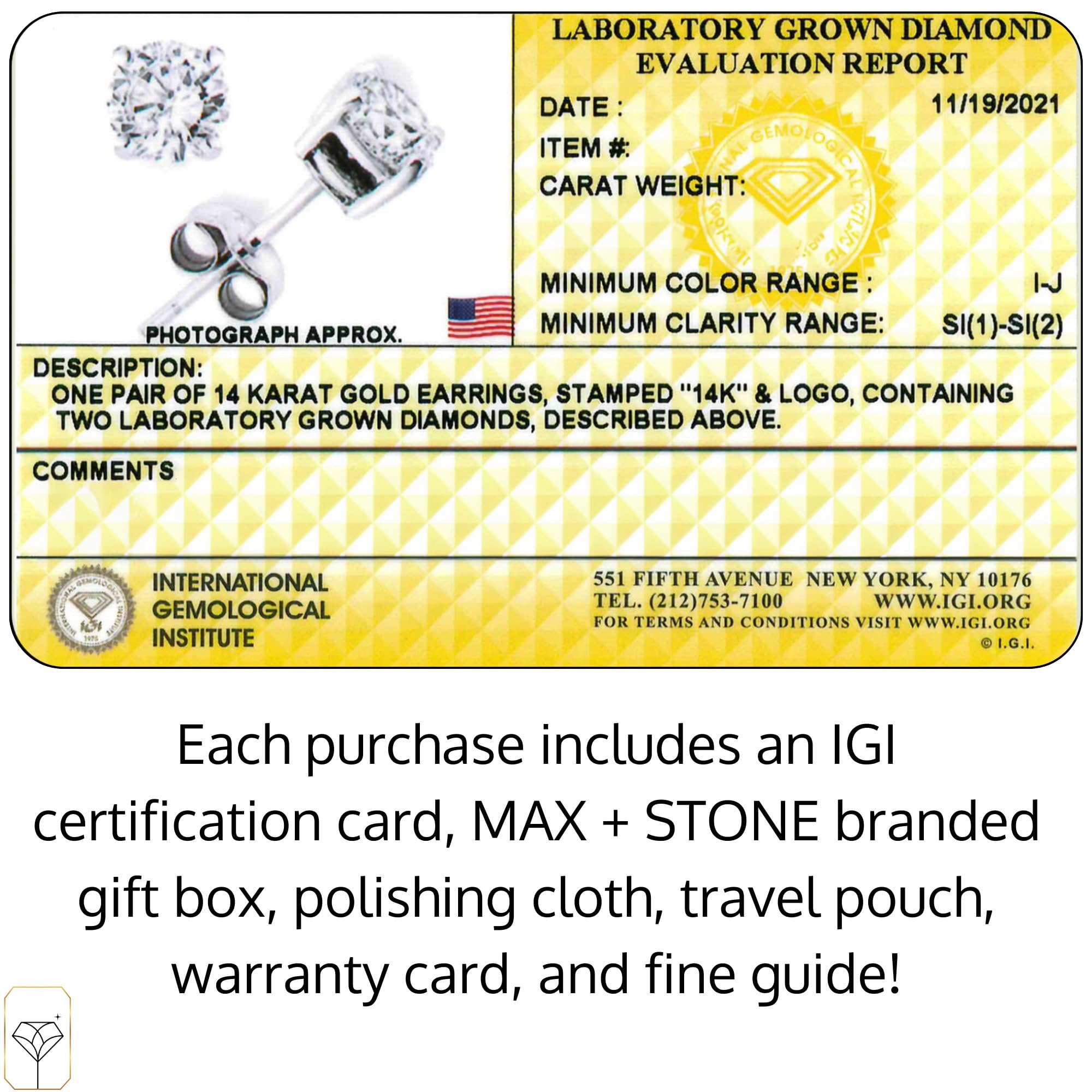 MAX + STONE IGI Certified 1/2 Carat Lab Grown Diamond Stud Earrings in 14k Real Yellow Gold with 4-Prong Setting