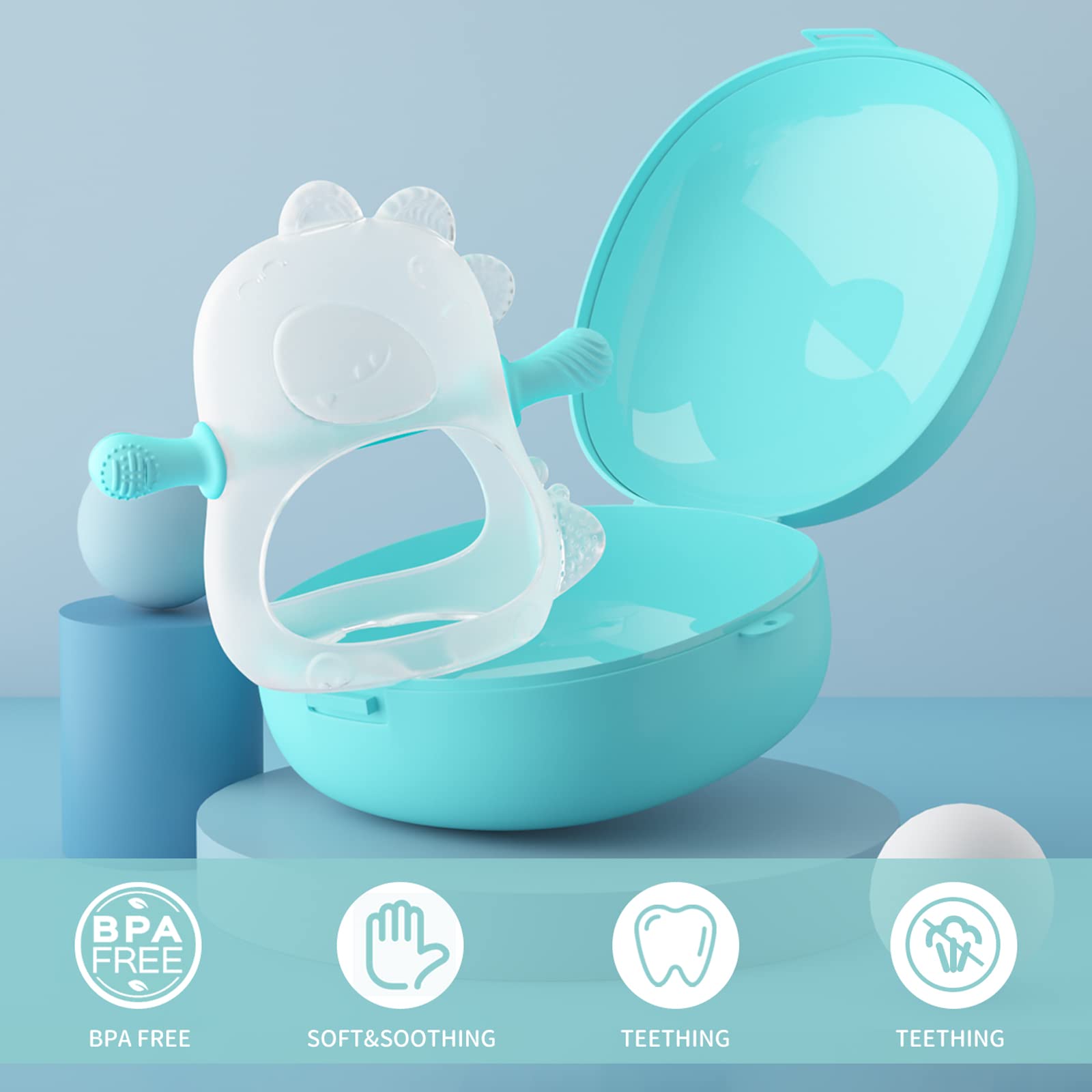 bybeleca Baby Teething Toys 0-12 Months Silicone Hand Teethers for Babies Infants Anti Drop Dinosaur Chew Toys with Case, Blue