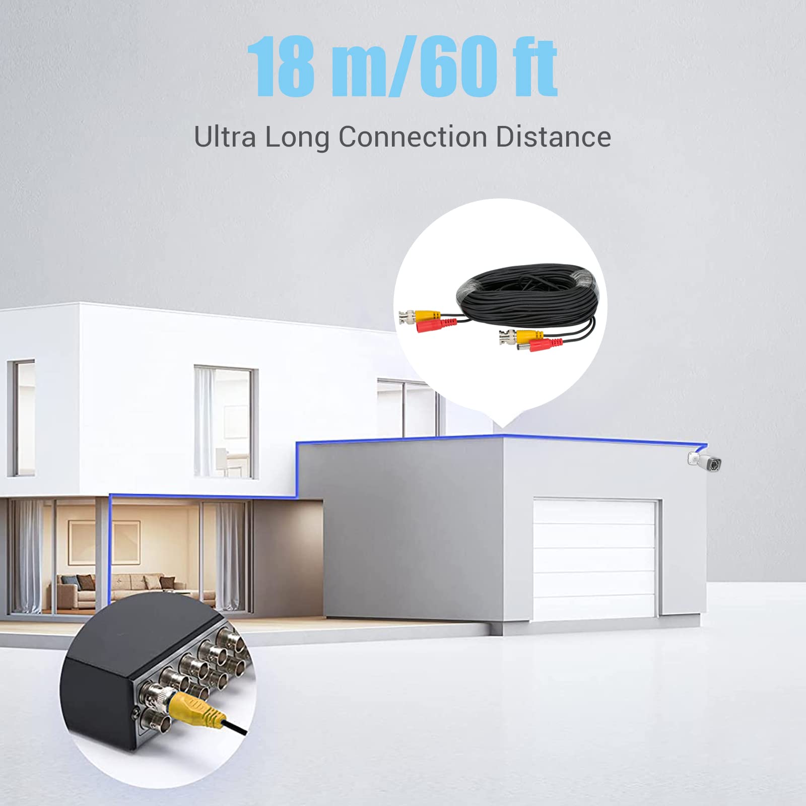 BNC Video Power Cable 60ft 2-in-1 Security Camera Video BNC Cable Extension Wire Cord Black for 1080p/720p AHD/TVI/CVI/Analog/CVBS Surveillance CCTV DVR System 18M-3Pack