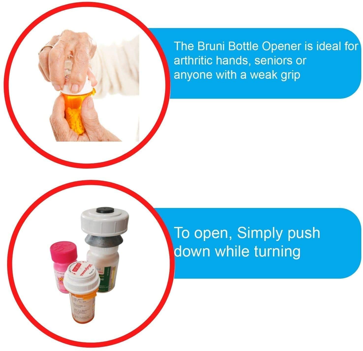 Bruni Multifunction Bottle Opener – Medicine Safety Cap Can Bottle Opener Easy to Use for Children, Weak Hands, Elderly and Arthritis Sufferers (White)