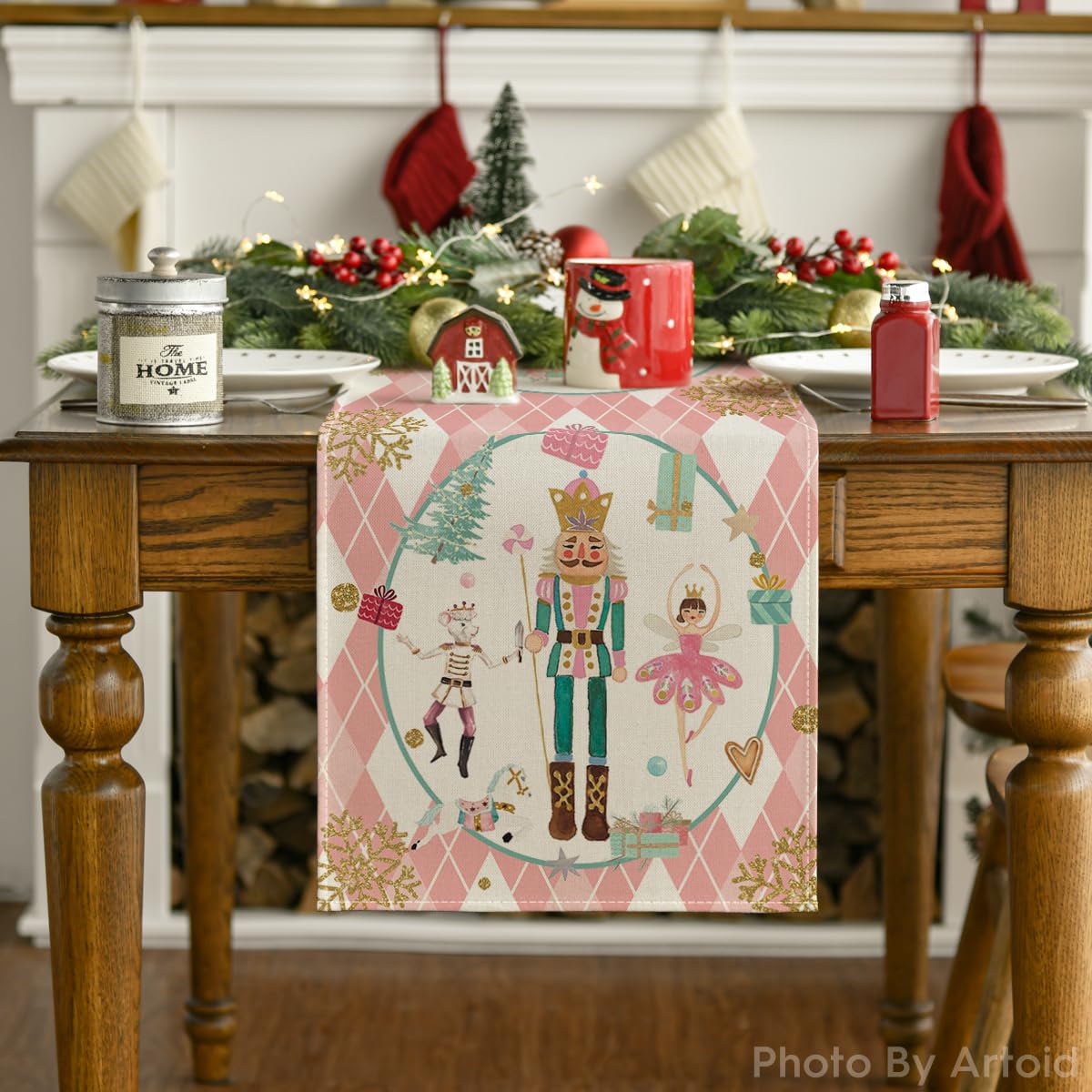 Artoid Mode Pink Diamond Plaid Nutcracker Snowflake Christmas Table Runner, Seasonal Winter Kitchen Dining Table Decoration for Home Party Decor 13x72 Inch