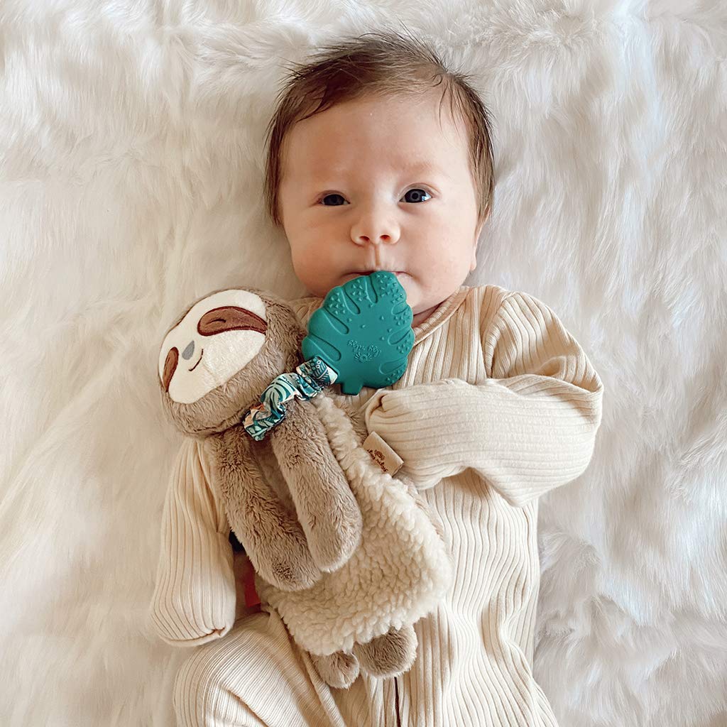 Itzy Ritzy - Itzy Lovey Including Teether - Baby Lovey with Teether, Textured Ribbons & Dangle Arms - Features Crinkle Sound, Sherpa Fabric and Minky Plush (Sloth)