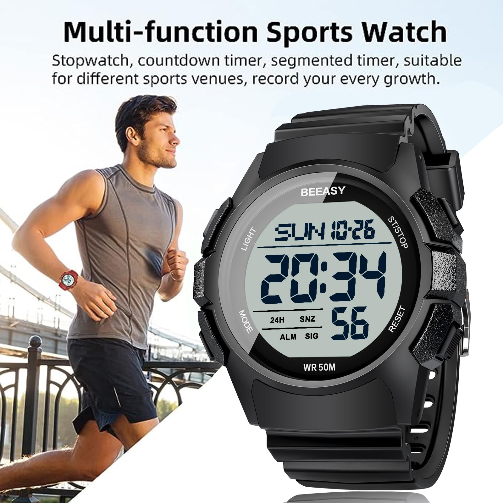 Beeasy Men Digital Sports Watch,Waterproof Watch with Stopwatch Countdown Timer Alarm Function Dual Time Rubber Strap Wrist Watch for Men/Student (05 White)