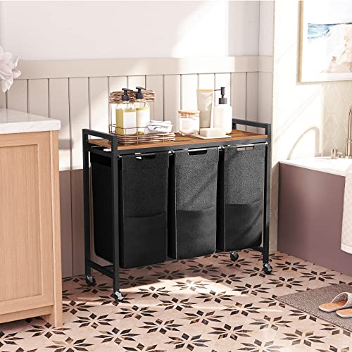 HOOBRO Laundry Hamper, Laundry Sorter 3 Section, Laundry Basket with Wheels, 3 × 10.5 Gal (39.8L), Rolling Cart, Pull-Out and Removable Oxford Fabric Laundry Bags, Rustic Brown and Black BF38XY01G1