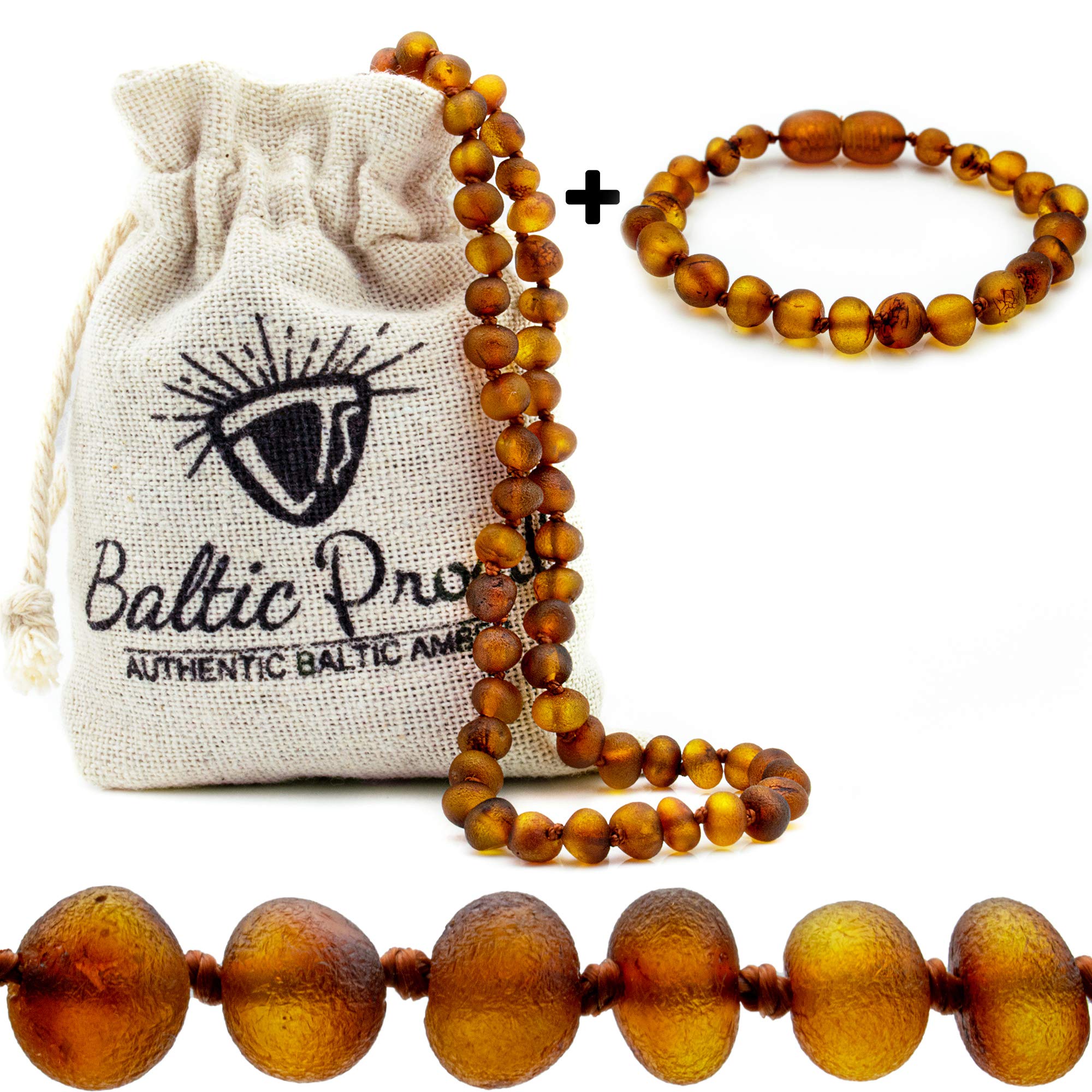 Baltic Proud Amber Necklace and Bracelet Gift Set (Unisex Cognac Raw 12.5 Inches/5.5 Inches) - Certified Premium Quality Raw Baltic Sea Amber