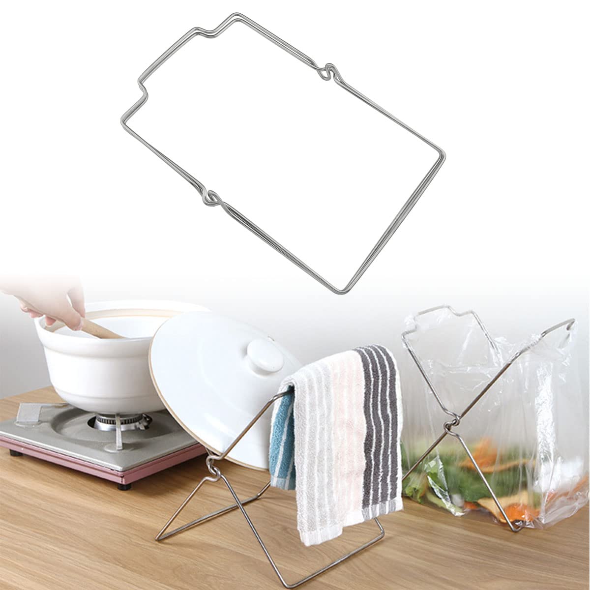 DGHAOP Desktop Trash Bag Holder Dishcloth Towel Rack Foldable Stainless Steel Garbage Bag Shelf