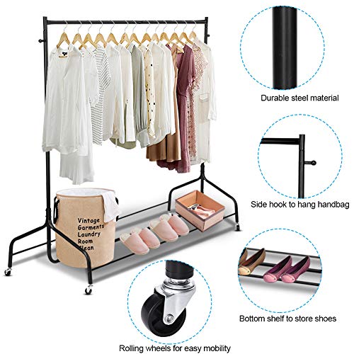 Ejoyous Clothes Garment Rack, Rolling Clothing Hanging Rack Commercial Grade Steel Clothes Rail Display Stand Storage Organizer on Wheel with Bottom Shelf for Home Living Room Bedroom