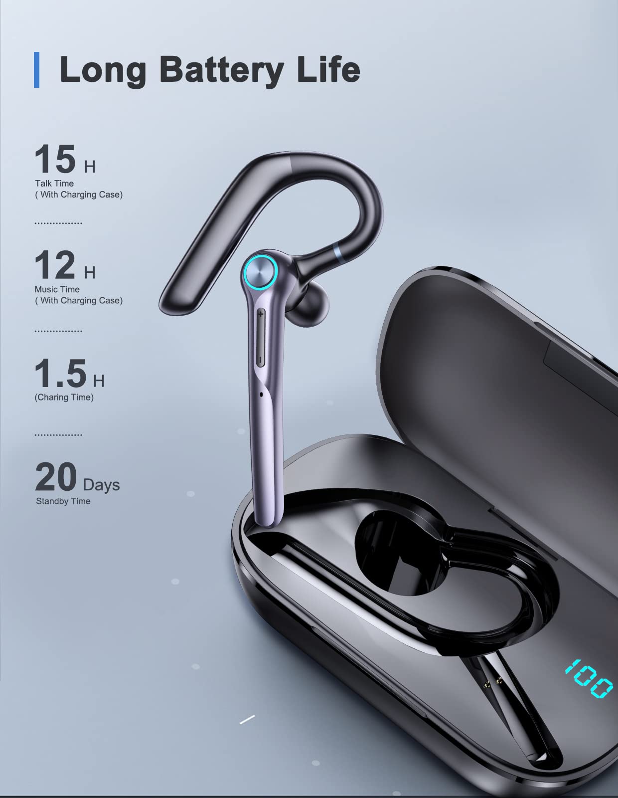 Bluetooth Headset, Wireless Bluetooth Earpiece with Dual MIC, Trucker Bluetooth Headset 50Hrs Playtime Built-in Noise Cancelling Mic, Wireless in-Ear Headphones for Driving, Office, Business